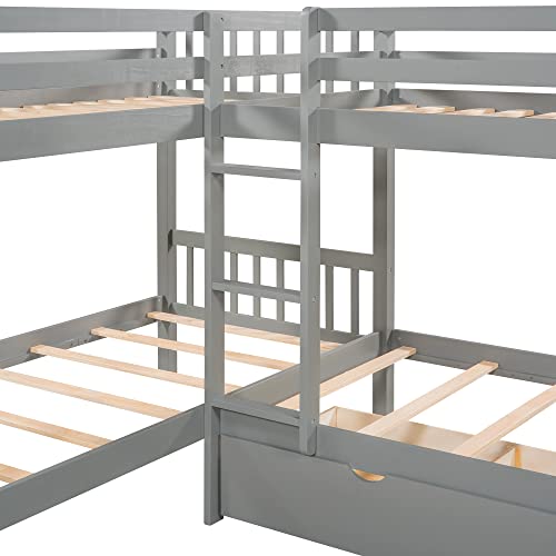 TARTOP L-Shaped Bunk Beds for 4,Solid Wood Bunk Bed Frame with 3 Storage Drawers,Twin Over Twin Size Corner Bunk Bed,Wood Quad Bunk Beds Frame for Kids Teens Girls Boys,Gray