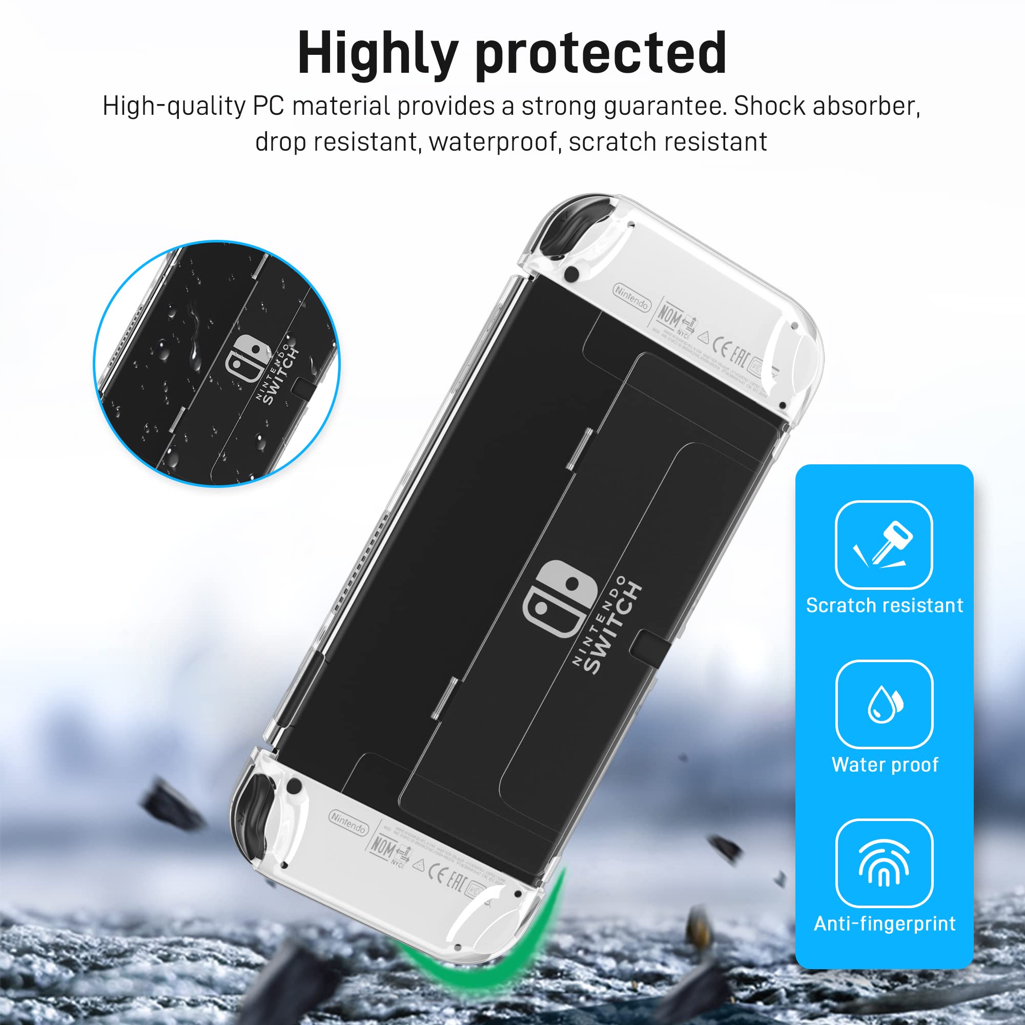 FUNDIARY Dockable Clear Case for Nintendo Switch OLED, PC Protective Cover for Switch OLED with Glass Screen Protector and 8 Thumb Grip Caps, Anti-Scratch Design, Full Protection and Shock-Absorption