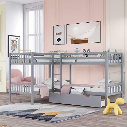 TARTOP L-Shaped Bunk Beds for 4,Solid Wood Bunk Bed Frame with 3 Storage Drawers,Twin Over Twin Size Corner Bunk Bed,Wood Quad Bunk Beds Frame for Kids Teens Girls Boys,Gray