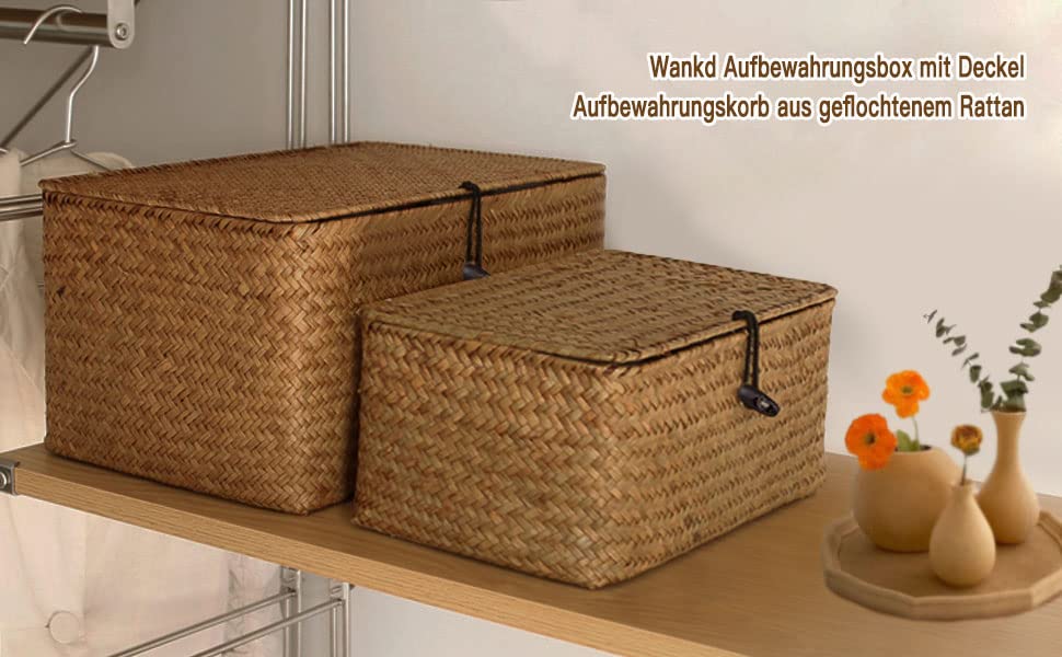 Sobotoo Wicker Storage Basket with Lid, Natural Hand-woven Rattan Storage Box, Rectangular Household Organizer Boxes Shelf Wardrobe Organizer (L+XXL)