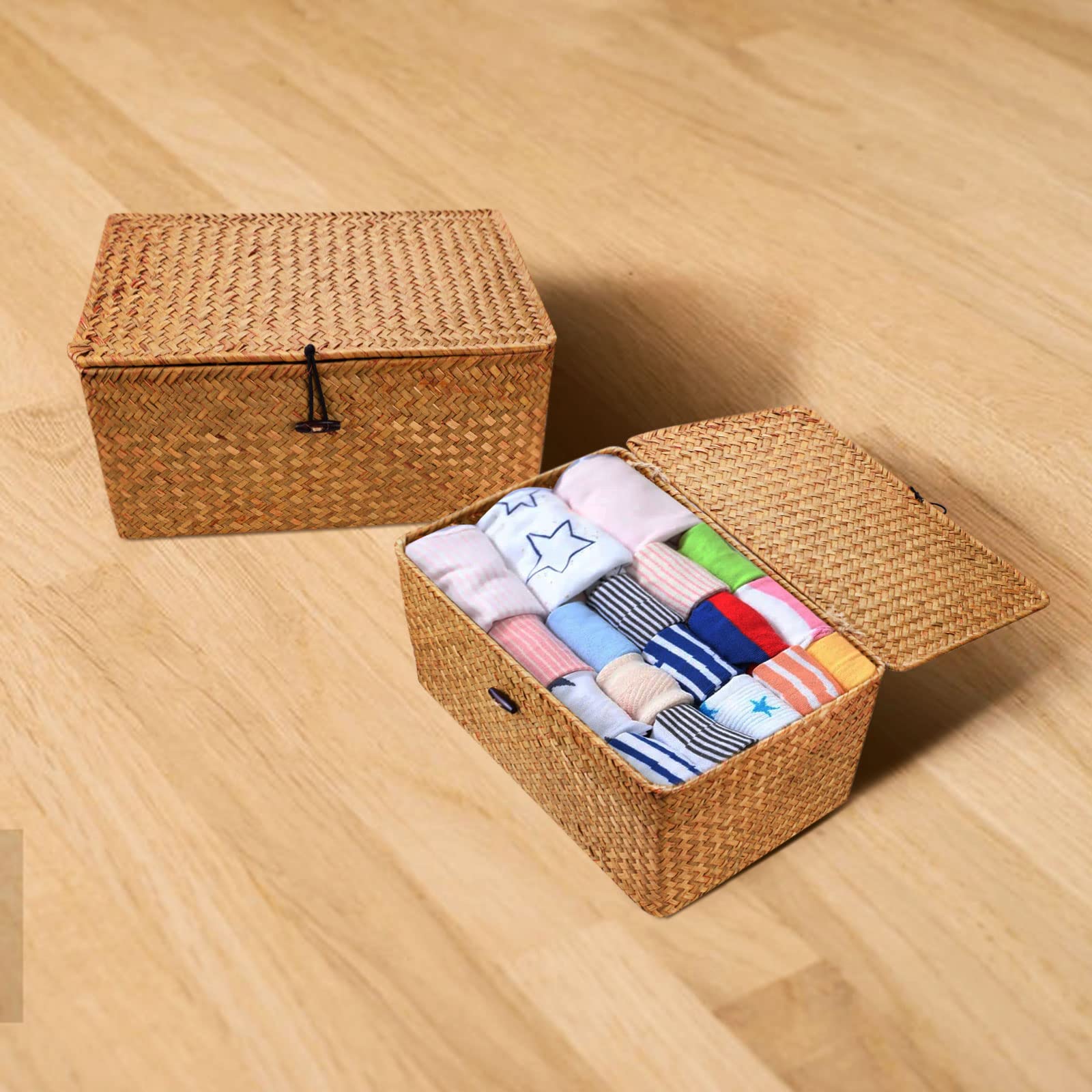 Sobotoo Wicker Storage Basket with Lid, Natural Hand-woven Rattan Storage Box, Rectangular Household Organizer Boxes Shelf Wardrobe Organizer (L+XXL)