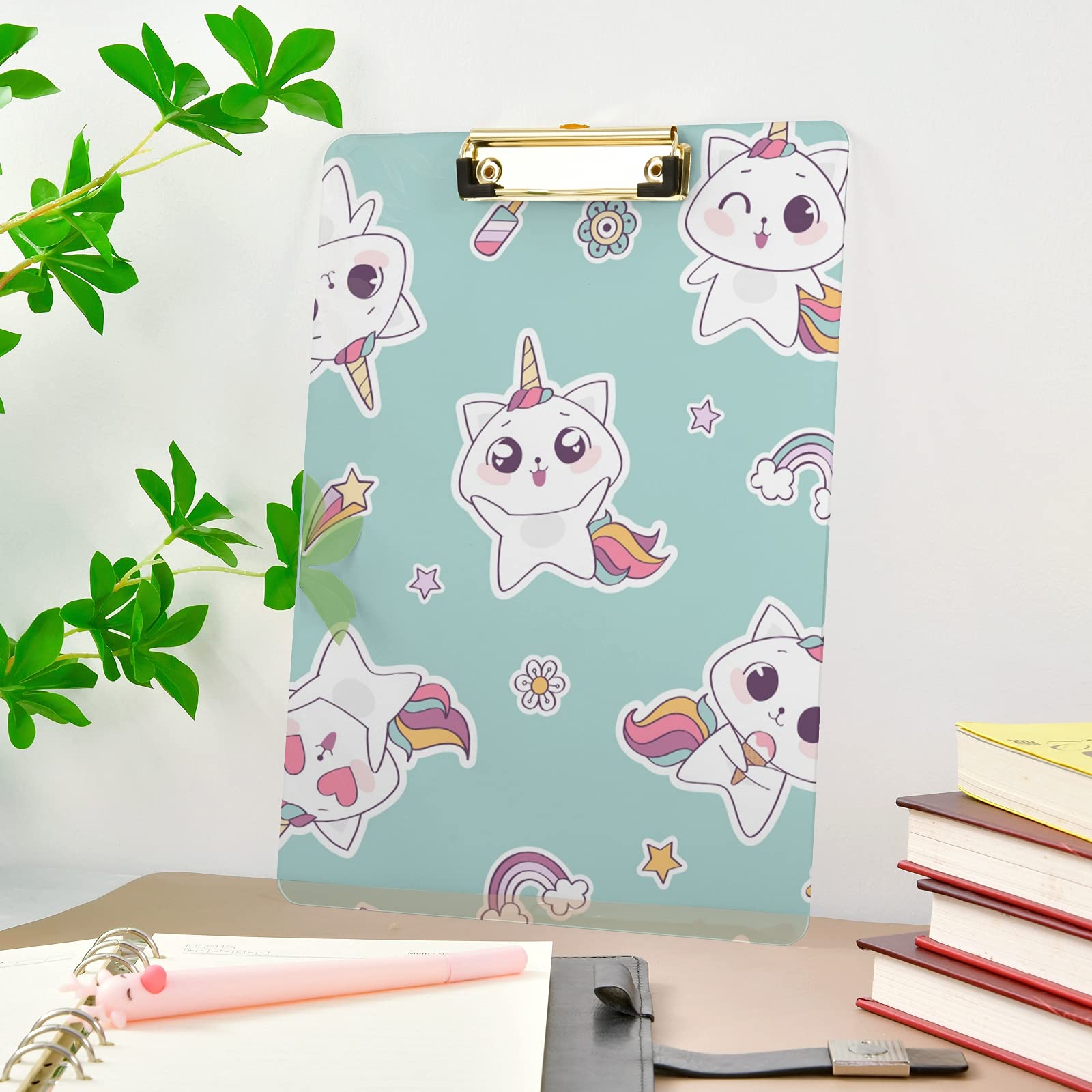 Plastic Clipboard Cute Unicorn Cat Caticorn A4 Letter Size 12.5 x 9 Inch with Metal Low Profile Clip for Office Classroom Students Coaches （Gold Clip）