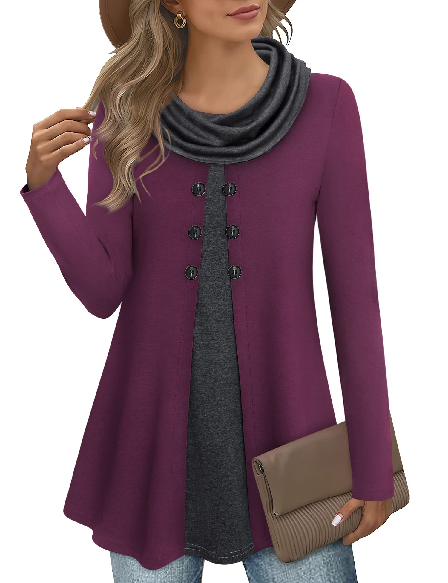 Bebonnie Fall Tops for Women 2025 Trendy,Petite Long Sleeve Cowl Neck Warm Splicing Tunic Tops with Buttons Magenta Grey Small
