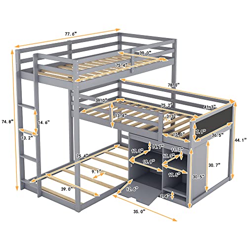 Eafurn L-Shaped Bunk Beds for 3,Twin Size Triple Bunk Beds with Storage Cabinet and Blackboard,Solid Wood Floor Bunk Bed for Kids Teens Adults