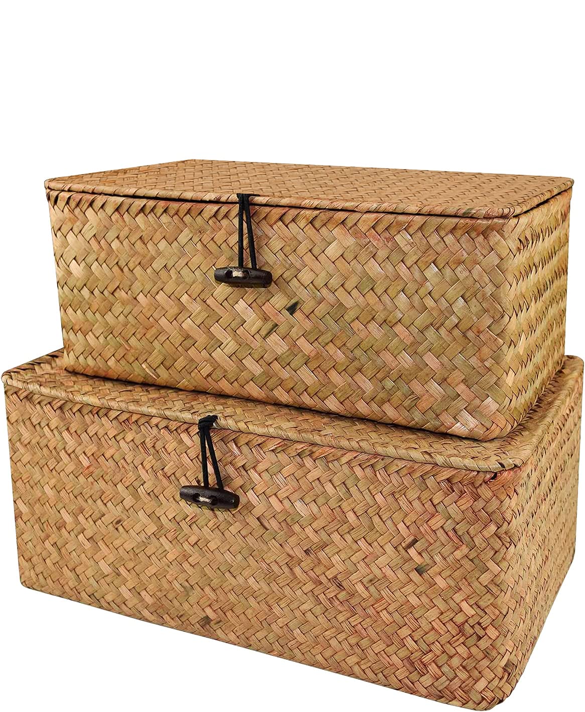 Sobotoo Wicker Storage Basket with Lid, Natural Hand-woven Rattan Storage Box, Rectangular Household Organizer Boxes Shelf Wardrobe Organizer (L+XXL)