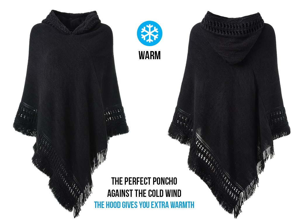 Ferand Ladies' Hooded Cape with Fringed Hem, Crochet Poncho Knitting Patterns for Women, Black