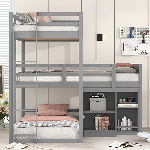 Eafurn L-Shaped Bunk Beds for 3,Twin Size Triple Bunk Beds with Storage Cabinet and Blackboard,Solid Wood Floor Bunk Bed for Kids Teens Adults
