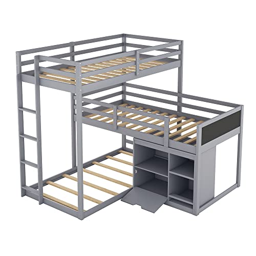 Eafurn L-Shaped Bunk Beds for 3,Twin Size Triple Bunk Beds with Storage Cabinet and Blackboard,Solid Wood Floor Bunk Bed for Kids Teens Adults