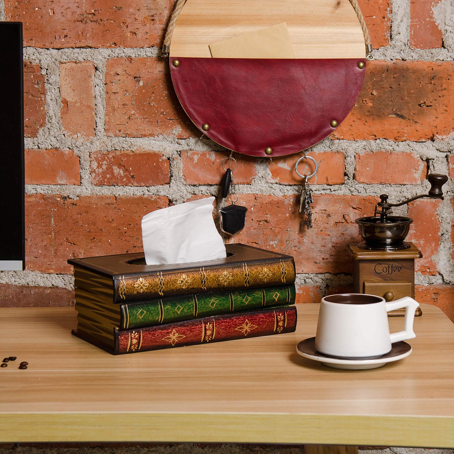 Crafted Classical Retro Wooden Antique Book Tissue Box Cover Rectangular Tissue Holder Dispenser Paper Cover Case Napkin Holder Home Decor for Bathroom living room office car kitchen