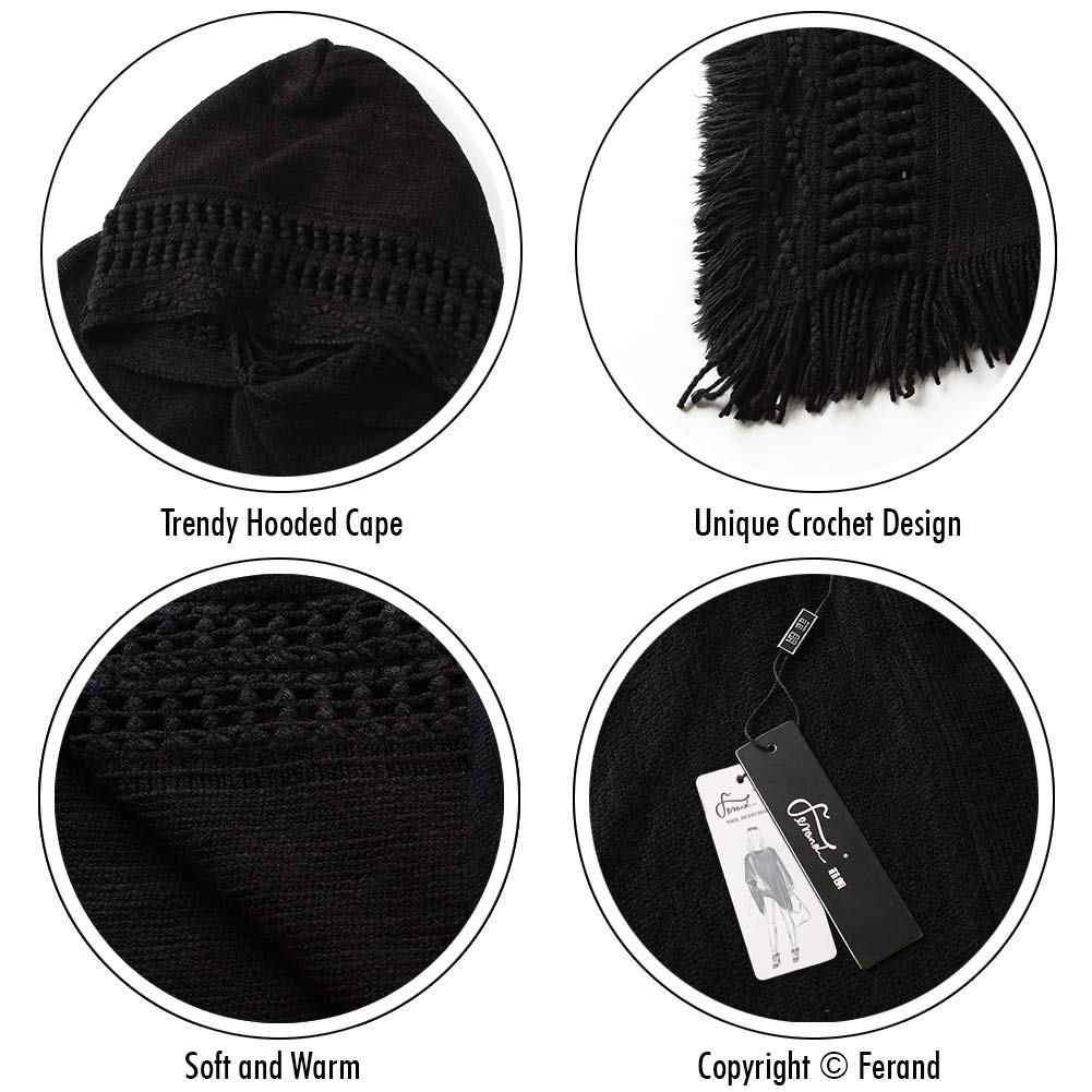 Ferand Ladies' Hooded Cape with Fringed Hem, Crochet Poncho Knitting Patterns for Women, Black