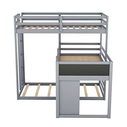Eafurn L-Shaped Bunk Beds for 3,Twin Size Triple Bunk Beds with Storage Cabinet and Blackboard,Solid Wood Floor Bunk Bed for Kids Teens Adults