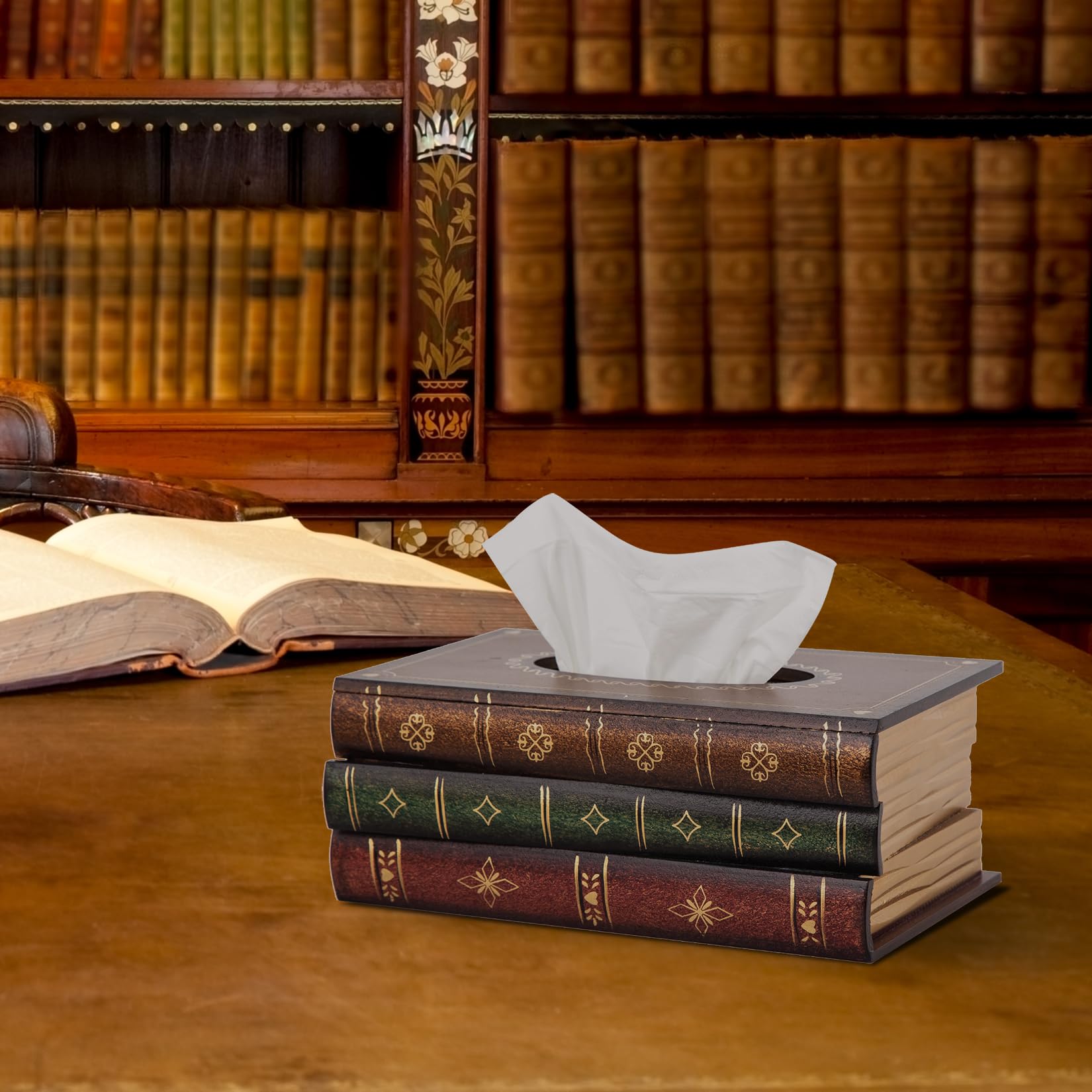 Crafted Classical Retro Wooden Antique Book Tissue Box Cover Rectangular Tissue Holder Dispenser Paper Cover Case Napkin Holder Home Decor for Bathroom living room office car kitchen