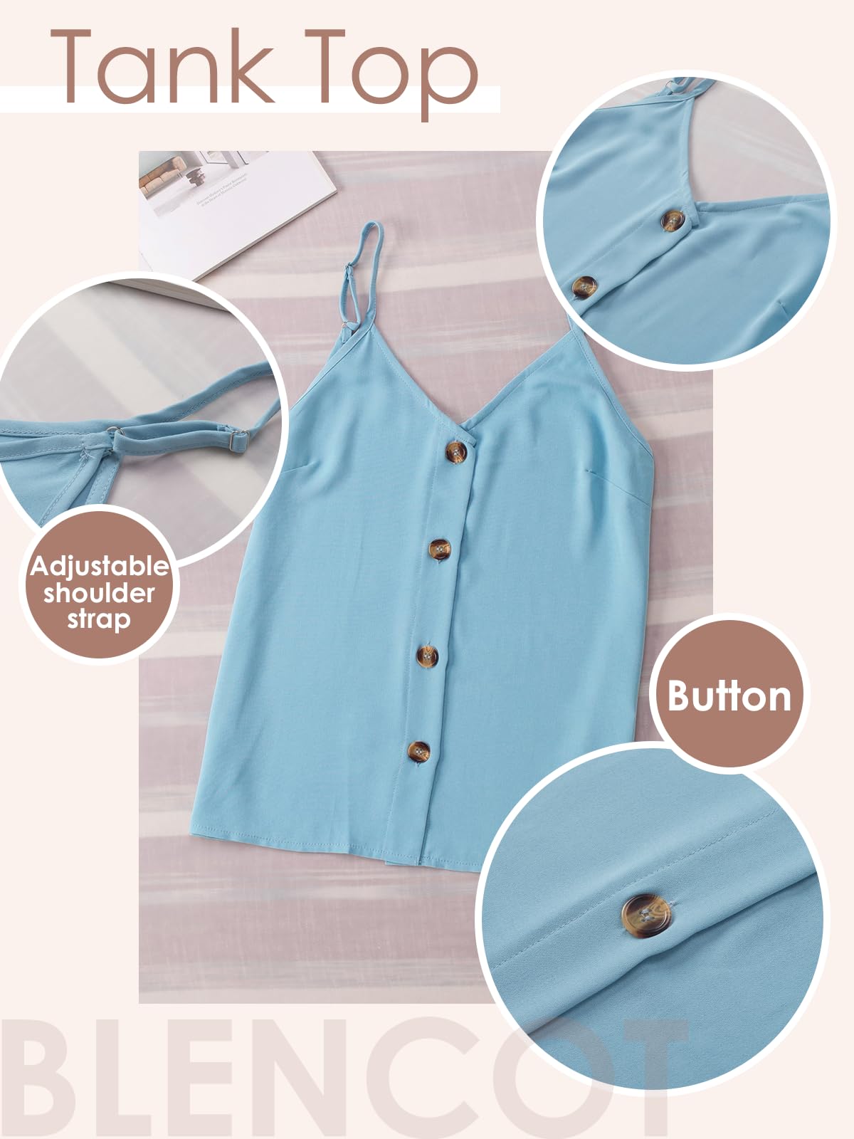 BLENCOT Tank Tops for Womens Summer Flowy Button Down V Neck Casual Sleeveless Trendy Shirts Spaghetti Strap Dressy Blouse Sky Blue L