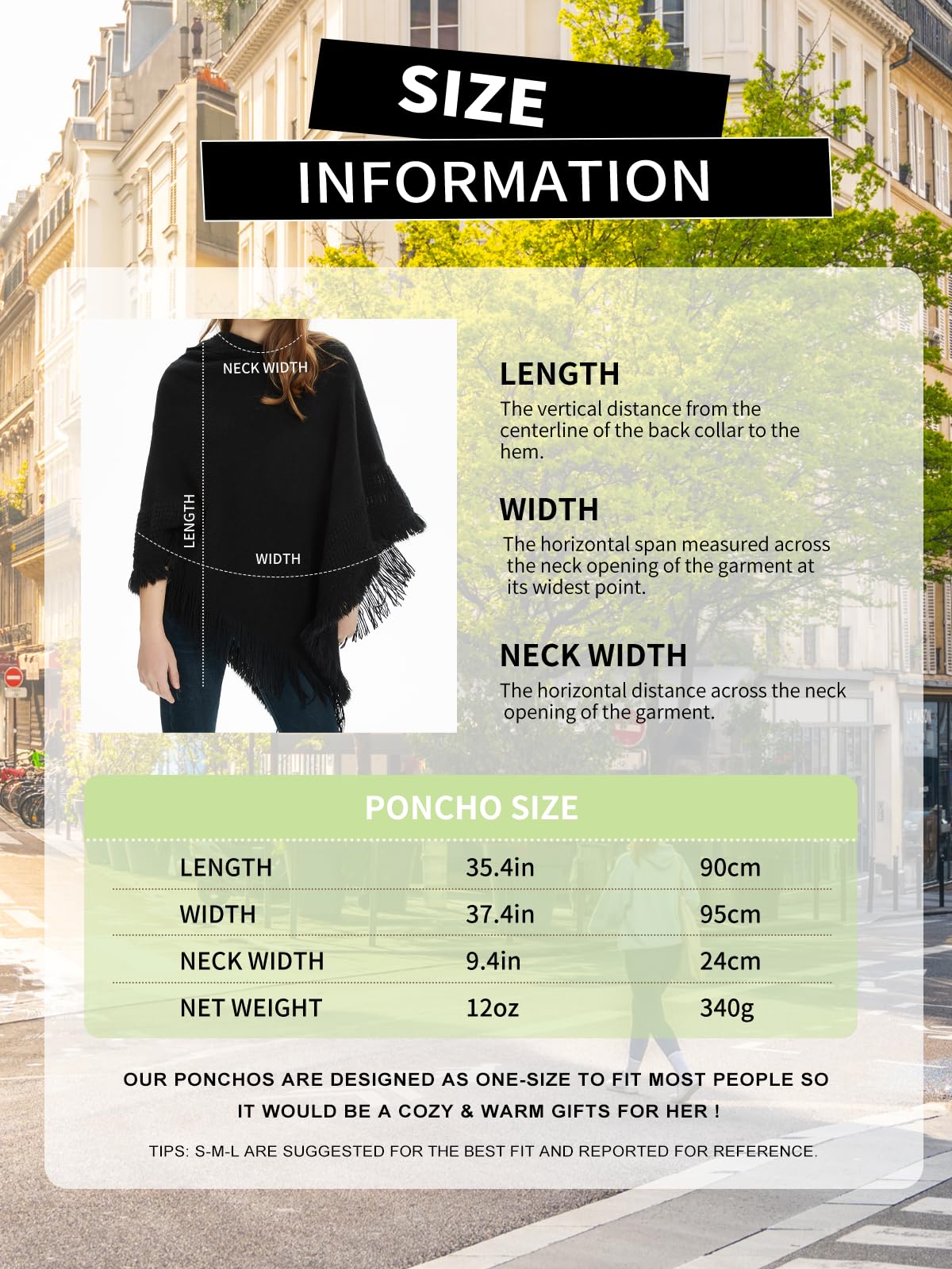 Ferand Ladies' Hooded Cape with Fringed Hem, Crochet Poncho Knitting Patterns for Women, Black