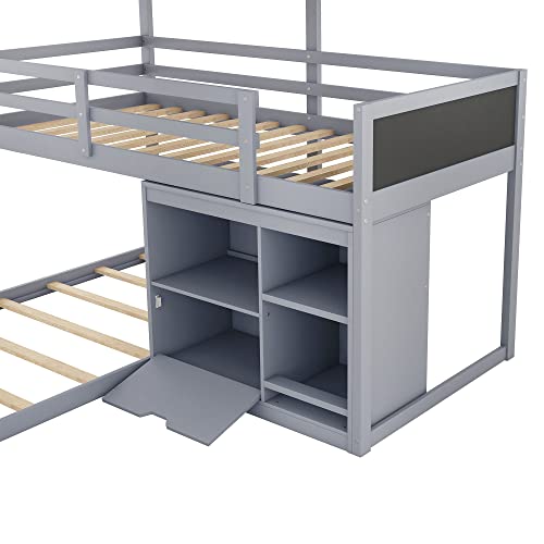 Eafurn L-Shaped Bunk Beds for 3,Twin Size Triple Bunk Beds with Storage Cabinet and Blackboard,Solid Wood Floor Bunk Bed for Kids Teens Adults