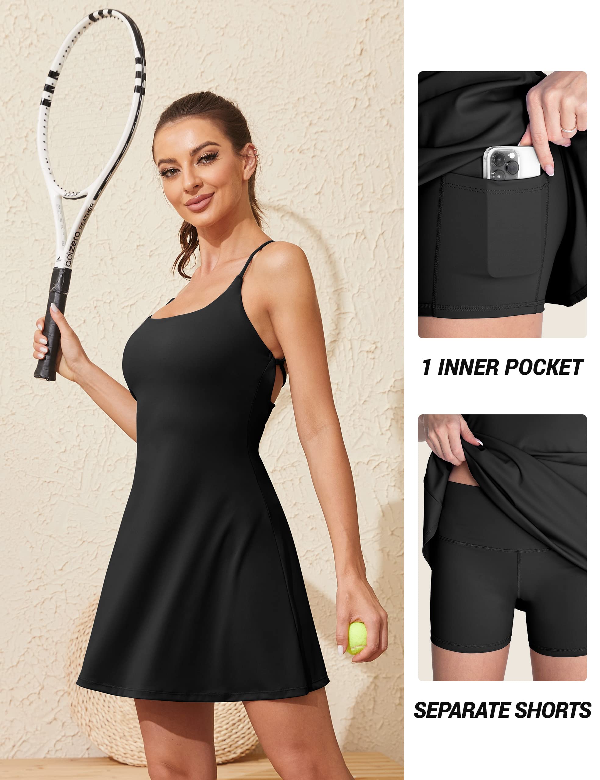 Desol Womens Two Pieces Tennis Dress with Shorts, Golf Workout Open Back Athletic Dress with Built in Bra for Women Black