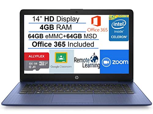 HP 2021 Newest Stream 14in HD SVA Laptop Computer, Intel Celeron N4000 Processor, 4GB RAM, 128GB Space(64GB eMMC+64GB MSD), Office 365, HDMI, Bluetooth, Windows 10, Blue, AllyFlex MP, Online Class
