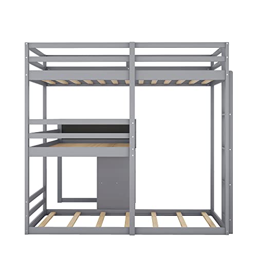 Eafurn L-Shaped Bunk Beds for 3,Twin Size Triple Bunk Beds with Storage Cabinet and Blackboard,Solid Wood Floor Bunk Bed for Kids Teens Adults