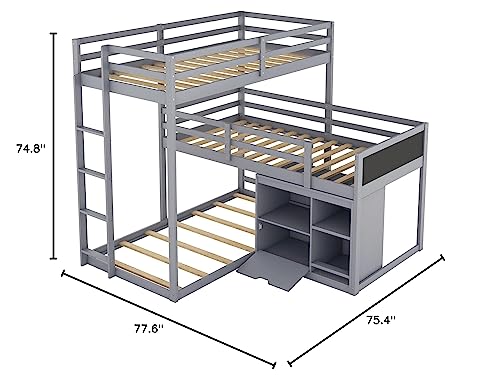 Eafurn L-Shaped Bunk Beds for 3,Twin Size Triple Bunk Beds with Storage Cabinet and Blackboard,Solid Wood Floor Bunk Bed for Kids Teens Adults