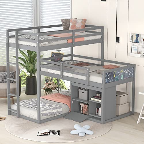 Eafurn L-Shaped Bunk Beds for 3,Twin Size Triple Bunk Beds with Storage Cabinet and Blackboard,Solid Wood Floor Bunk Bed for Kids Teens Adults