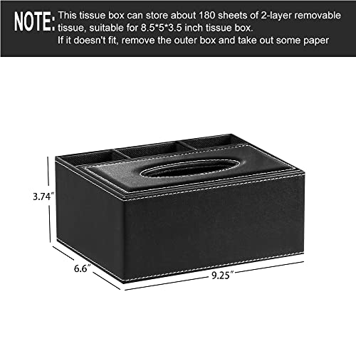 Multi-Functional Tissue Box Cover Rectangle, Leather Decorative Napkin Dispenser Organizer Caddy with 3 TV Remote Control Holder Compartments Bathroom, Modern Office Desk Decor and Accessories, Black