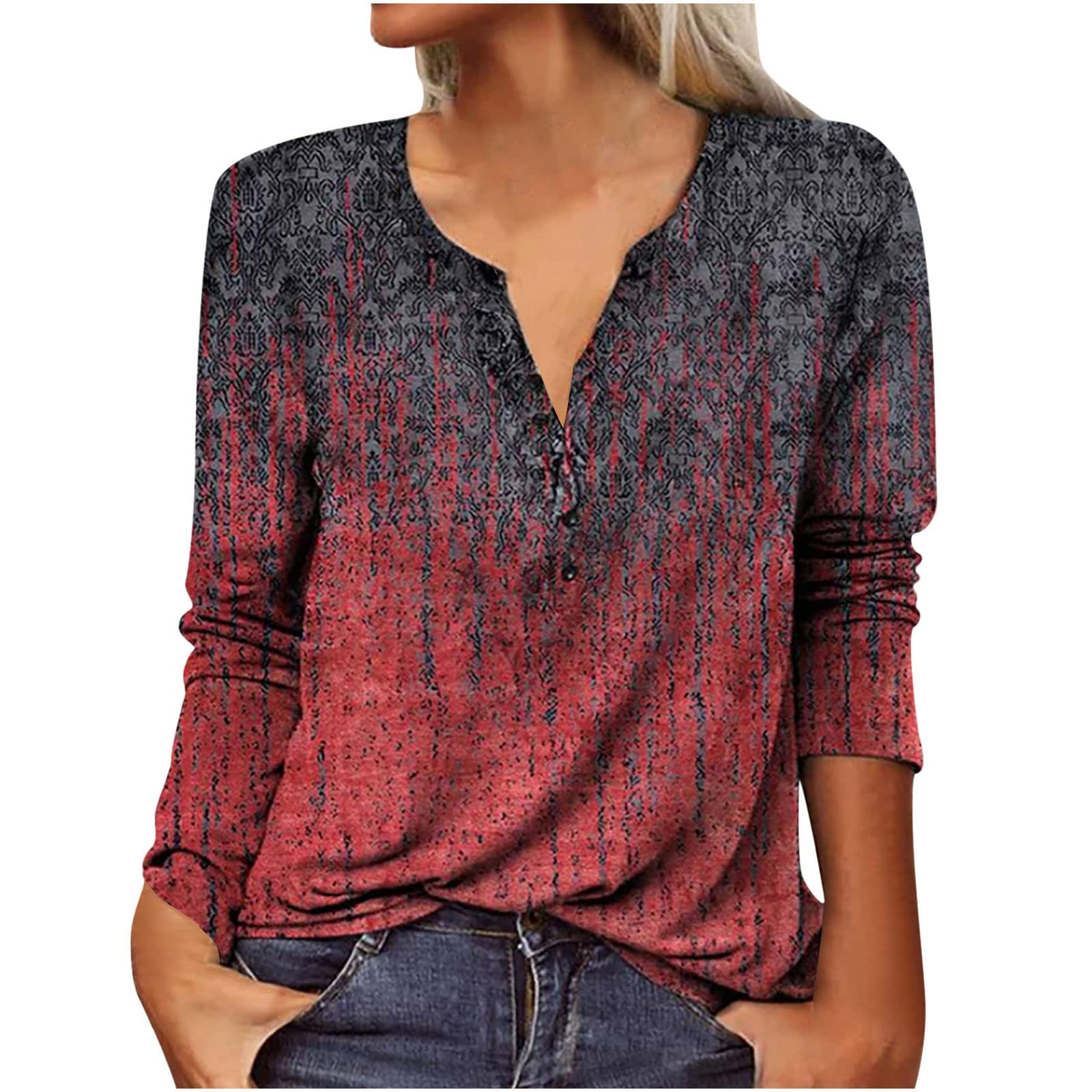 SMIDOW Womens Ethnic Style Long Sleeve Tops 2024 Trendy Spring Shirts v Neck Loose Comfy Pullover Tops Blouse Dressy Casual