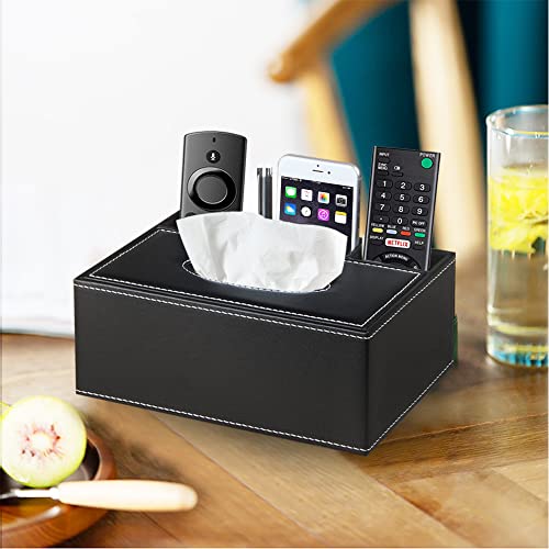 Multi-Functional Tissue Box Cover Rectangle, Leather Decorative Napkin Dispenser Organizer Caddy with 3 TV Remote Control Holder Compartments Bathroom, Modern Office Desk Decor and Accessories, Black