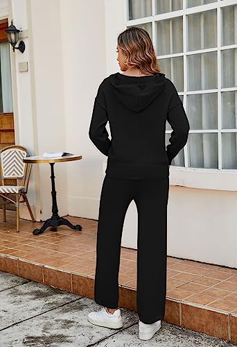 Pink Queen Women's 2 Piece Sweater Outfits Set Pullover Hoodie Top Wide Leg Pants Knit Sweatsuit Lounge Sets Black L
