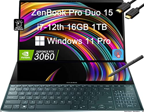 ASUS ZenBook Pro Duo 15 UX582 15.6" FHD OLED Touchscreen (Intel 14-Core i7-12700H, 16GB DDR5 RAM, 1TB SSD, GeForce RTX 3060 6GB) Business Laptop, ScreenPad Plus, Backlit, IST HDMI, Stylus, Win 11 Pro