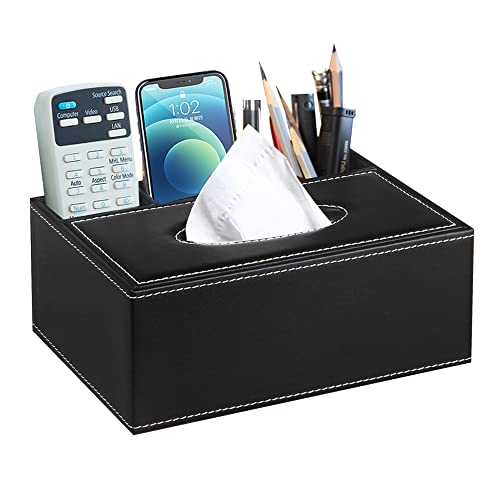 Multi-Functional Tissue Box Cover Rectangle, Leather Decorative Napkin Dispenser Organizer Caddy with 3 TV Remote Control Holder Compartments Bathroom, Modern Office Desk Decor and Accessories, Black