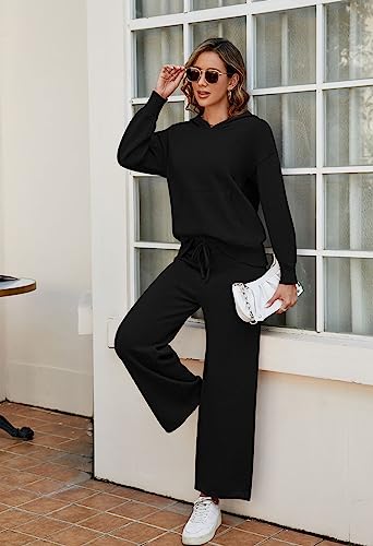 Pink Queen Women's 2 Piece Sweater Outfits Set Pullover Hoodie Top Wide Leg Pants Knit Sweatsuit Lounge Sets Black L