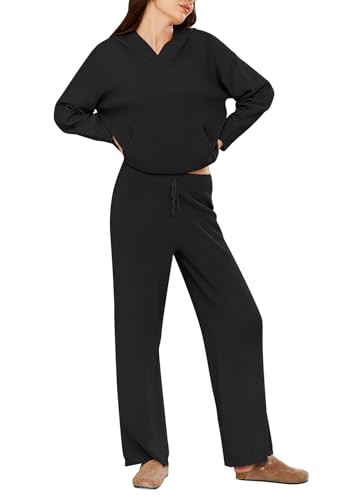 Pink Queen Women's 2 Piece Sweater Outfits Set Pullover Hoodie Top Wide Leg Pants Knit Sweatsuit Lounge Sets Black L