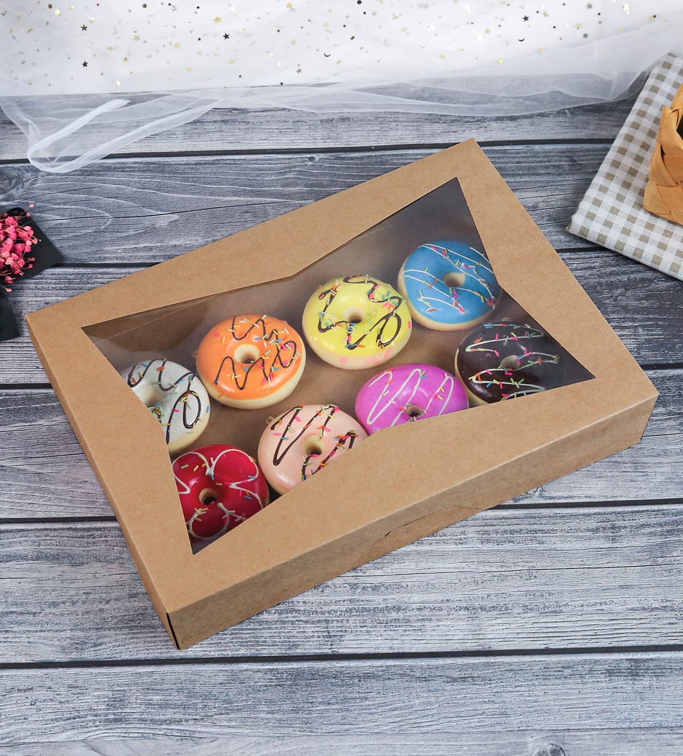 SOROO 15-PACK Brown Pastry Bakery Box 16x11x2.75inch,Large Donuts,Muffins,Cookies Boxes with Window Auto-Pop up Paper Box Nature Cardboard Take Out Container,Hold 12 Donuts,Pack of 15