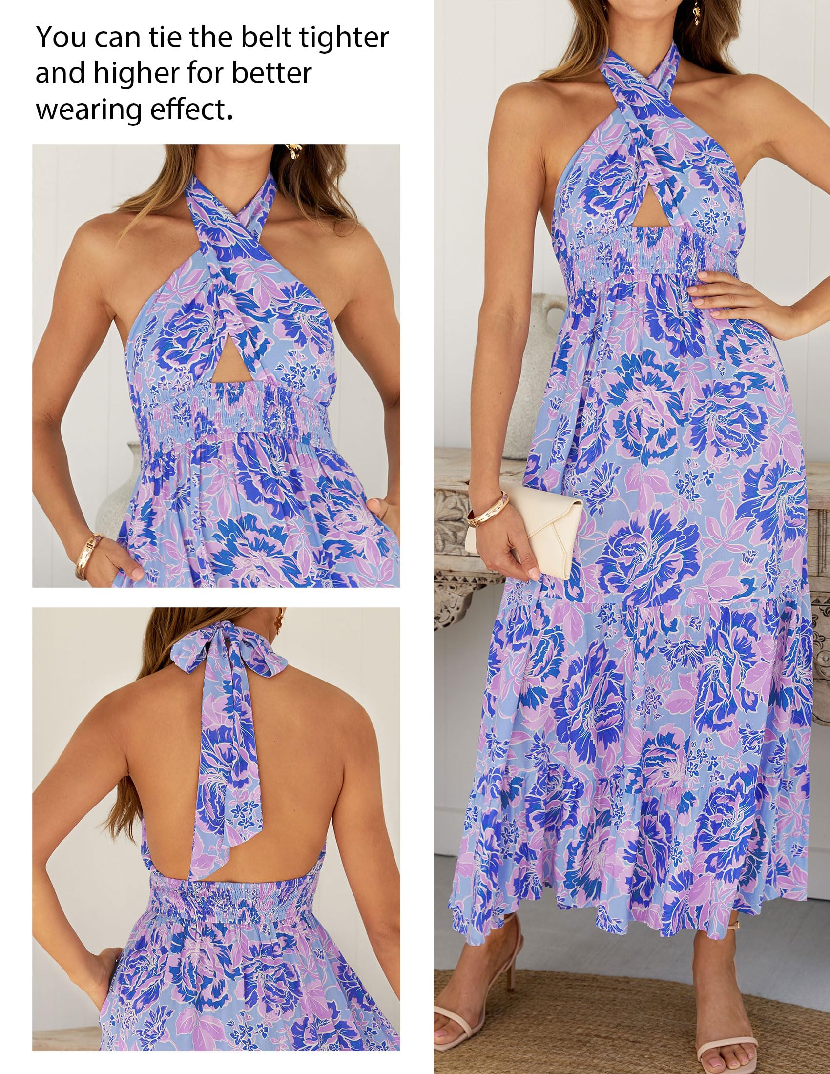ZESICA Women's 2025 Summer Crossover Halter Neck Sleeveless Plaid Cut Out Backless Flowy A Line Maxi Dress,BluishViolet,Small