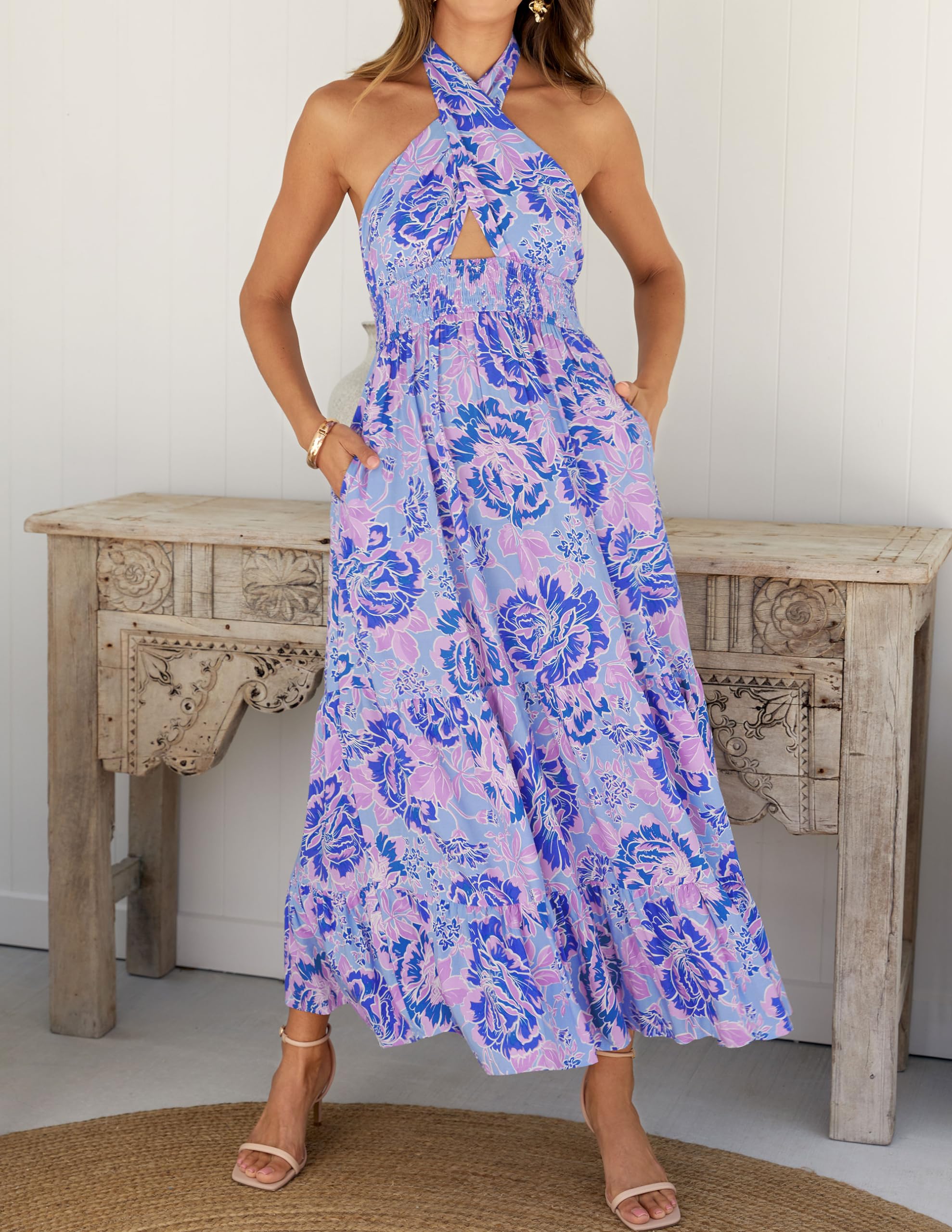 ZESICA Women's 2025 Summer Crossover Halter Neck Sleeveless Plaid Cut Out Backless Flowy A Line Maxi Dress,BluishViolet,Small
