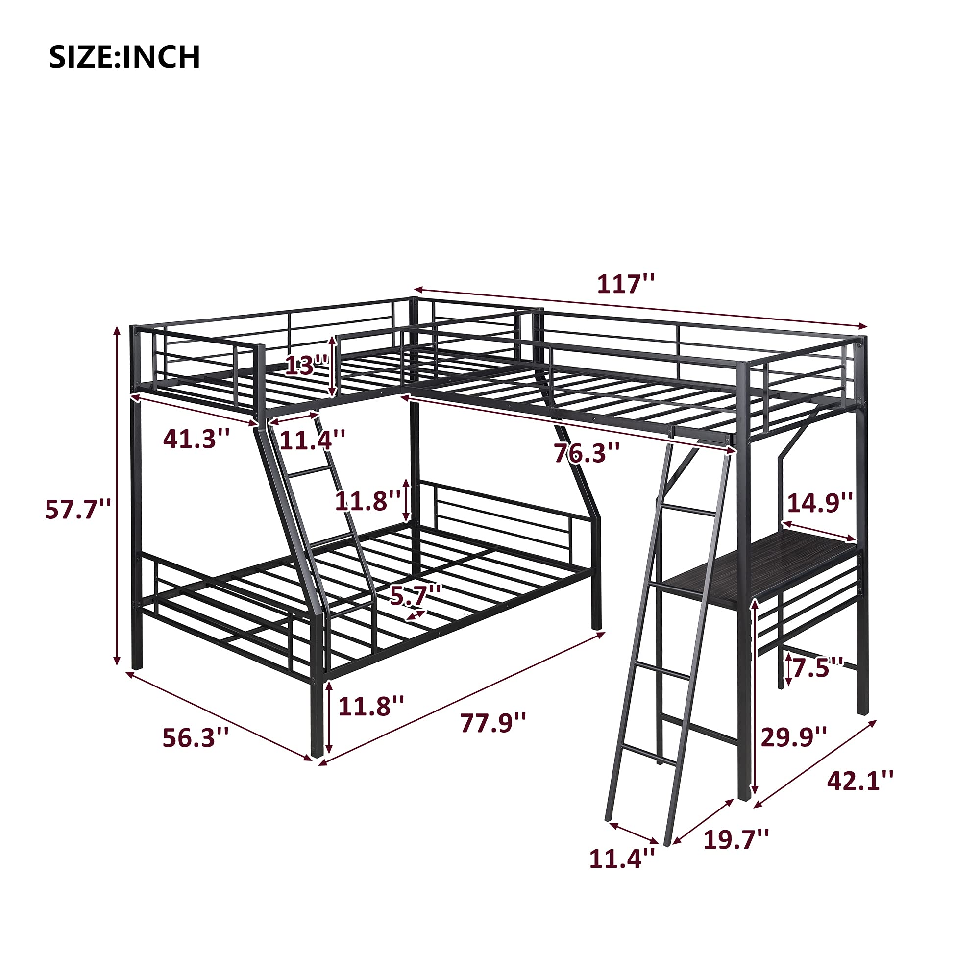 Twin Over Full Bunk Bed, L-Shaped Metal Triple Bunk Bed Frame Attached Twin Loft Bed with DeskLadderGuardrails, 3 Bed Bunk Beds for KidsTeens LF, Black