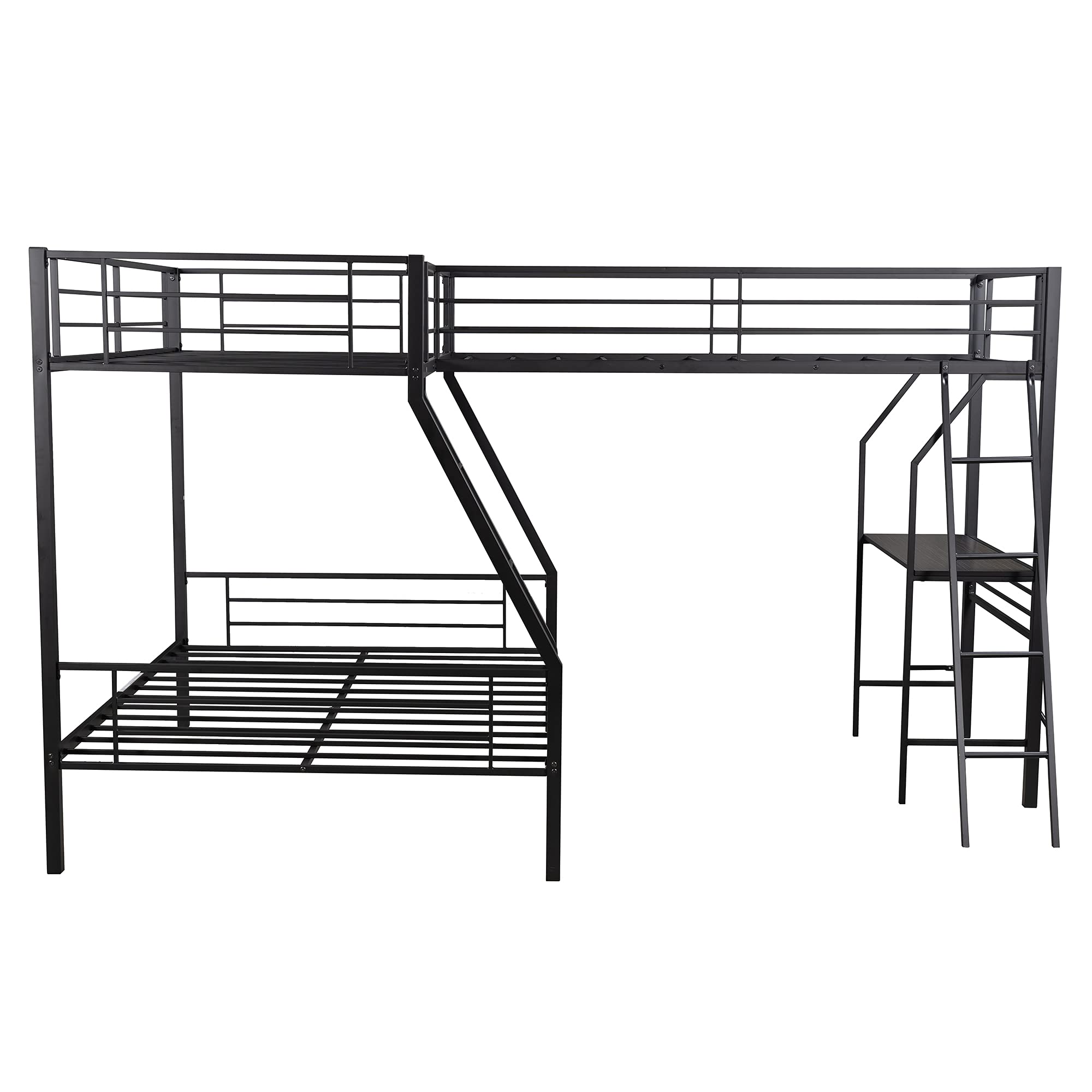 Twin Over Full Bunk Bed, L-Shaped Metal Triple Bunk Bed Frame Attached Twin Loft Bed with DeskLadderGuardrails, 3 Bed Bunk Beds for KidsTeens LF, Black