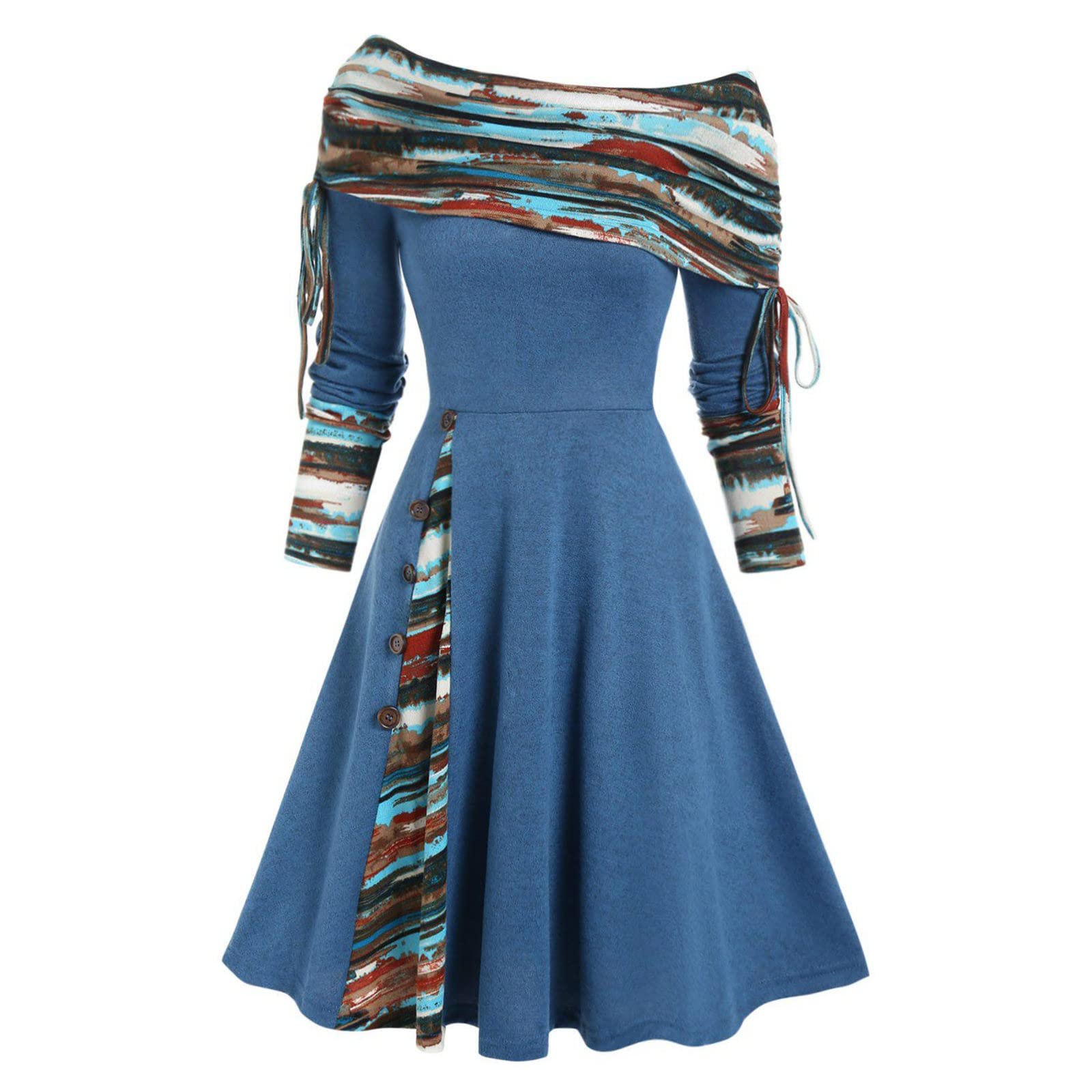 UQRZAU Winter Dresses for Women 2024, Dresses Convertible Neck Cinched Striped Flare A Line Dress Long Sleeve Wedding Guest Dress Sequin Party Dress Renaissance 2024 Dress Bodycon (L, Blue)