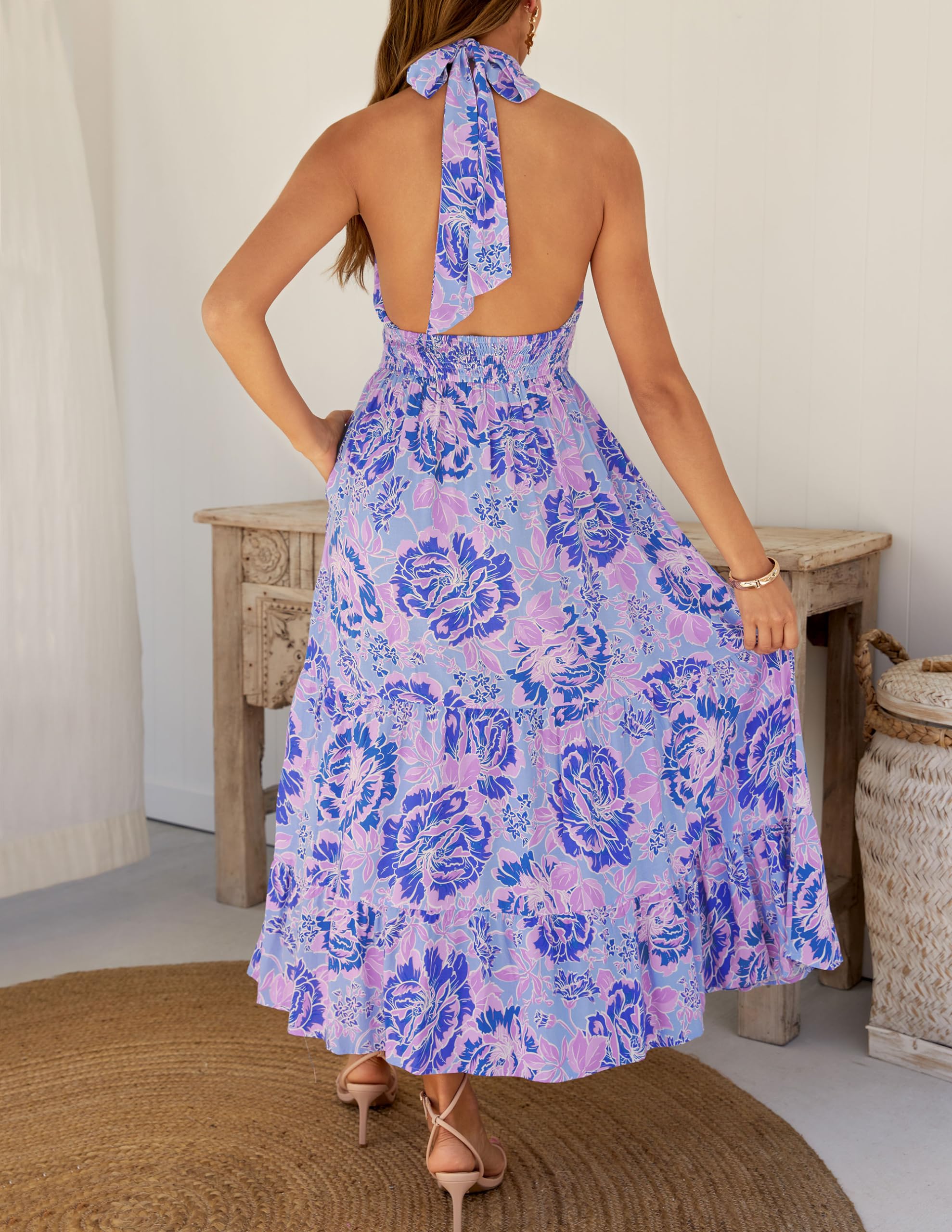 ZESICA Women's 2025 Summer Crossover Halter Neck Sleeveless Plaid Cut Out Backless Flowy A Line Maxi Dress,BluishViolet,Small