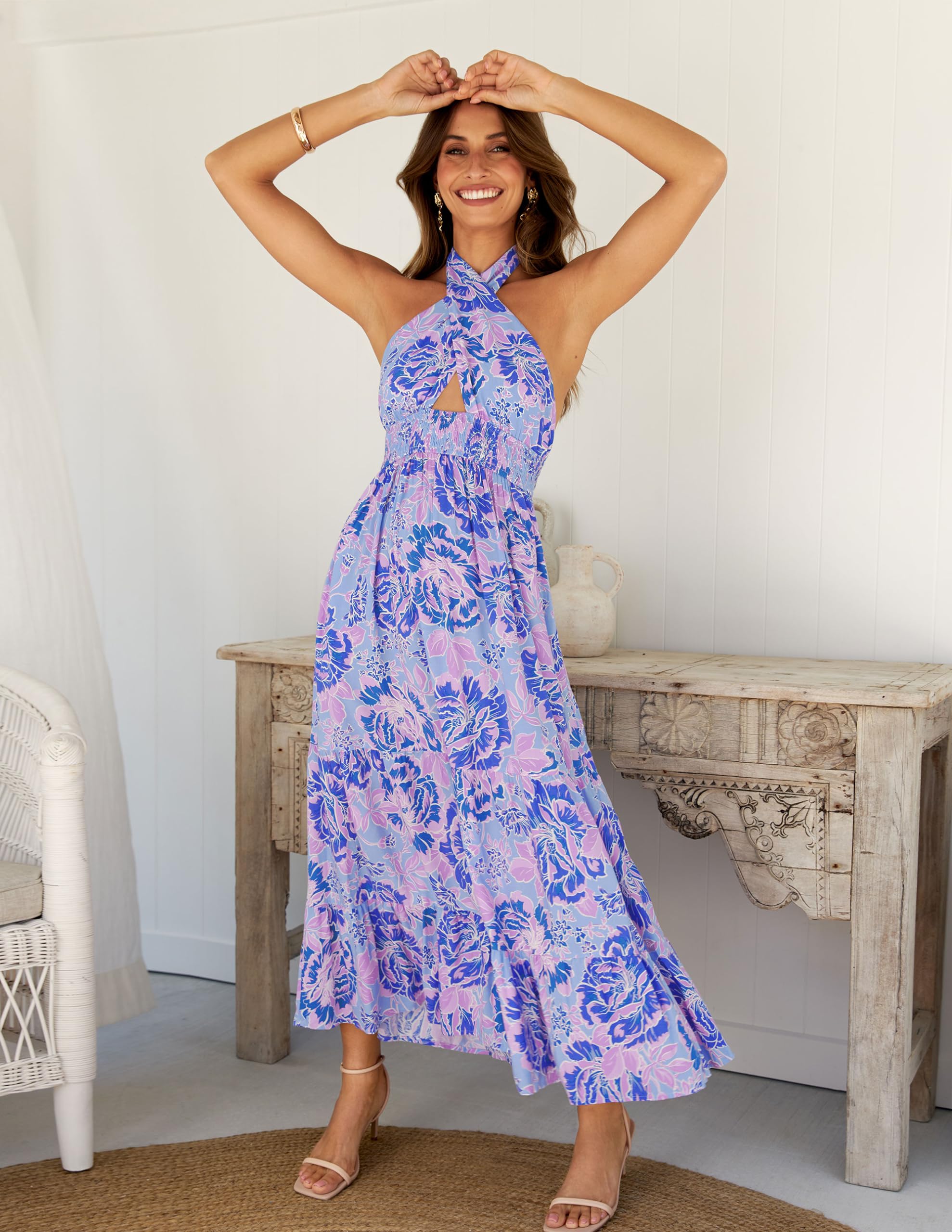 ZESICA Women's 2025 Summer Crossover Halter Neck Sleeveless Plaid Cut Out Backless Flowy A Line Maxi Dress,BluishViolet,Small