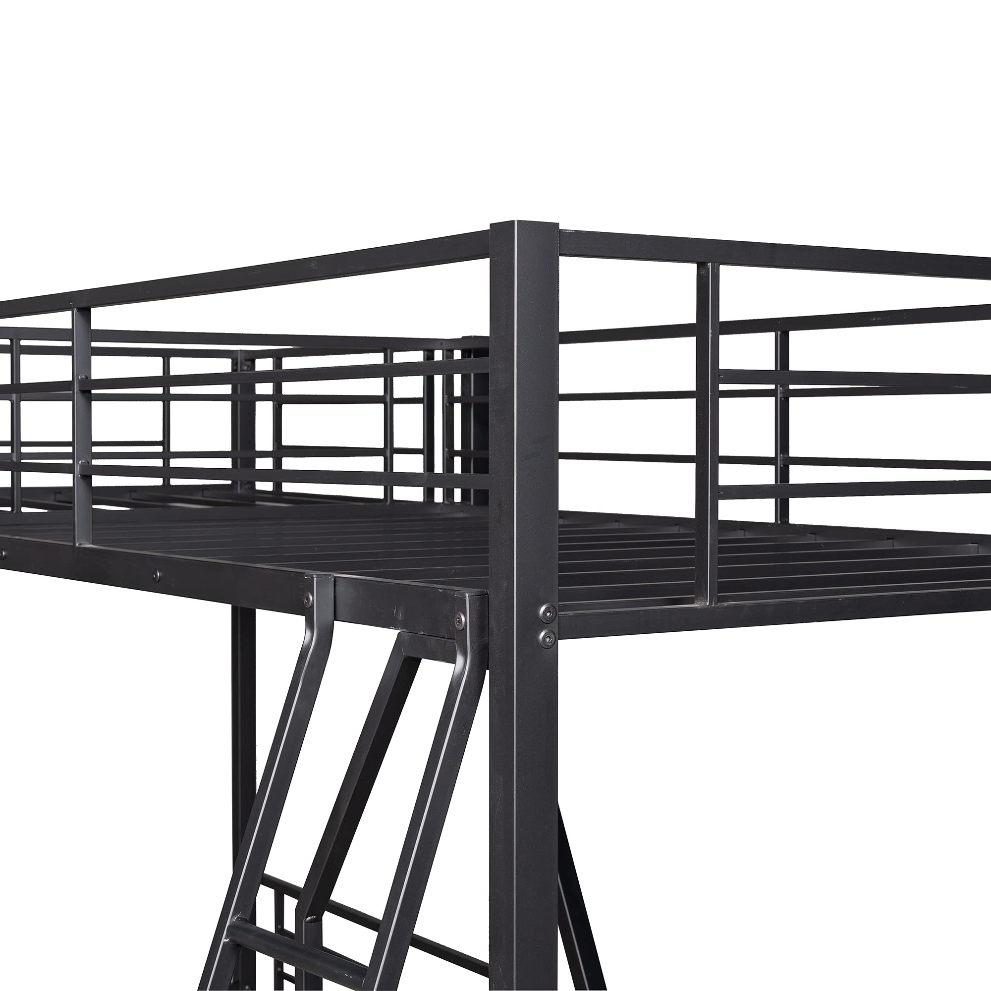 Twin Over Full Bunk Bed, L-Shaped Metal Triple Bunk Bed Frame Attached Twin Loft Bed with DeskLadderGuardrails, 3 Bed Bunk Beds for KidsTeens LF, Black