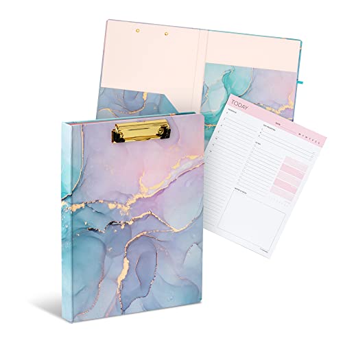 Blue Clipboard Folio with Daily Planner To Do List Notepad, Cute Clipboard Folder, Office Gift for Women, Teal Marble Clipfolio, Pastel Aesthetic Notebook, Clipboard Padfolio with Pocket