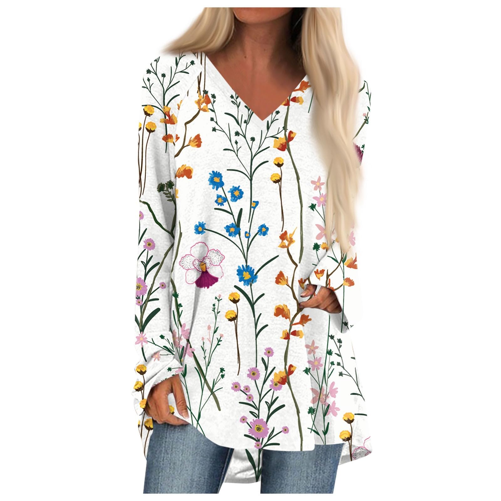 Women'S Tops Lightweight Winter Shirts For Teenagers Long Sleeve Fall Blouses Plus Size Flora Print Tunic Fall Sweatshirt Plus Size V Neck Workout Clothes For Women Multicolor Xxxl