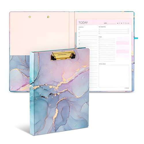 Blue Clipboard Folio with Daily Planner To Do List Notepad, Cute Clipboard Folder, Office Gift for Women, Teal Marble Clipfolio, Pastel Aesthetic Notebook, Clipboard Padfolio with Pocket