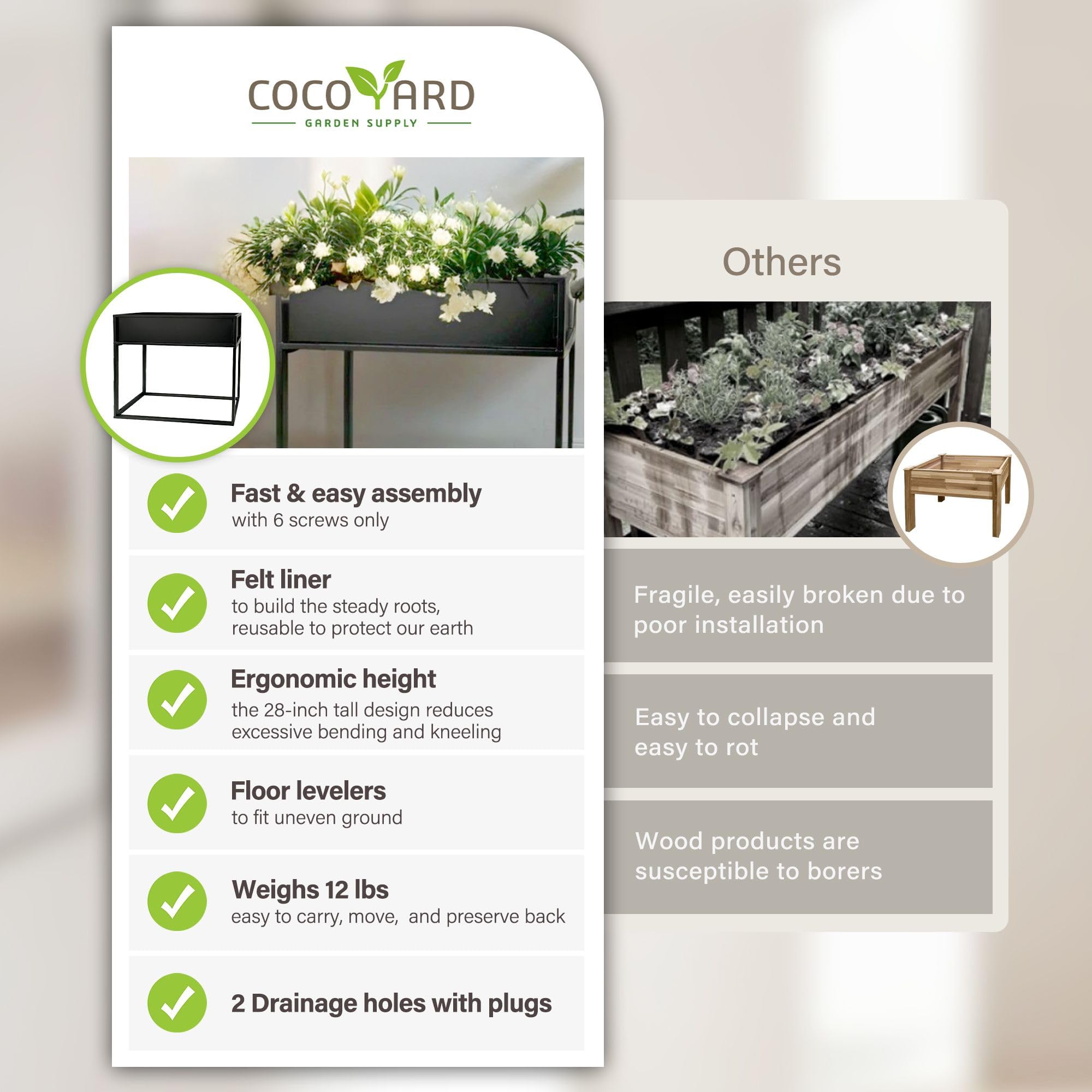 Cocoyard Elevated Planter Box - 28 Inch Durable Raised Garden Bed for Herbs and Flowers - Stylish Tall Rectangular Planter for Outdoor Plants for Patio Decor & Backyard Gardening - Indoor Planter