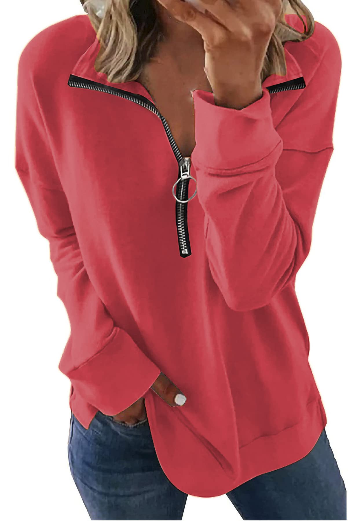 NEYOUQE womens long sleeve undershirts for women red crewneck sweater dress zip up hoodie work athletic ladies spring tshirts vneck t shirts for woman essential zipper trendy tunic sweatshirt M