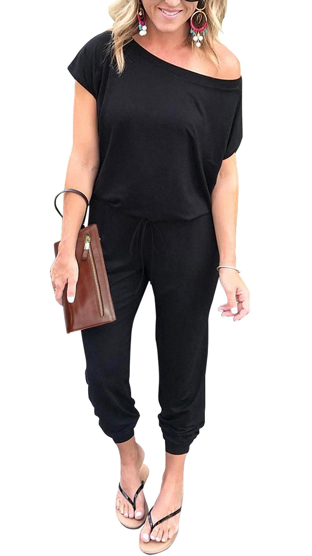 PRETTYGARDEN Jumpsuits for Women 2025 Summer Dressy Off Shoulder Romper Spring Vacation Travel Lounge Outfits Clothes (Black,Large)