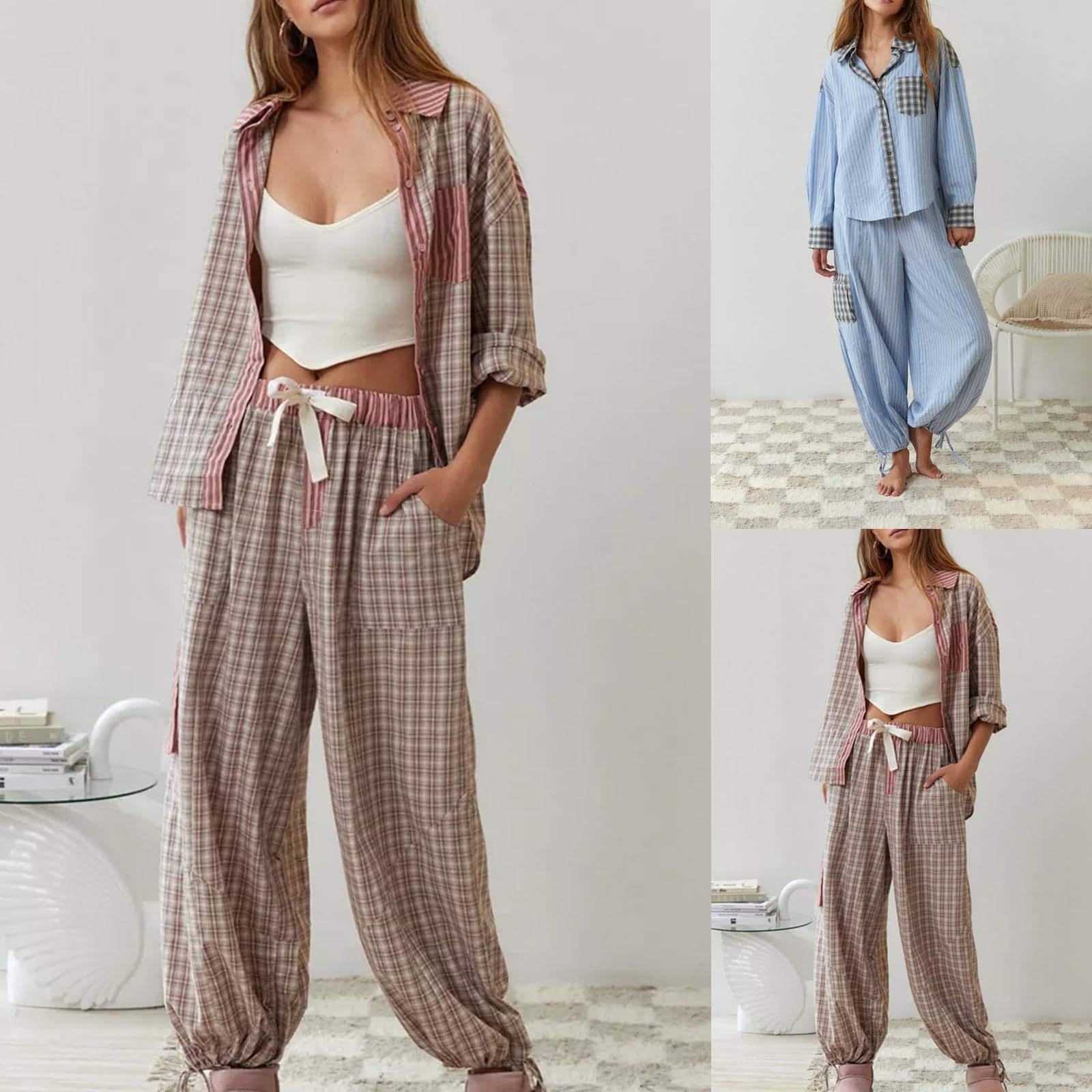 Womens Pajama Sets Spliced Pajama Top & Plaid Pajama Pants Long Sleeve Button Down Sleepwear Two-Piece Pj Set with Pockets Soft Plus Size Matching Christmas Pajamas Cotton Lounge Sets Nightwear