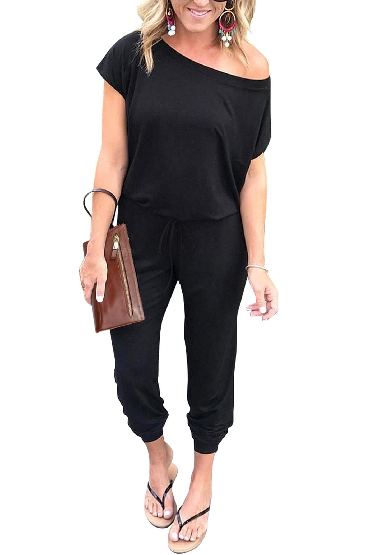 PRETTYGARDEN Jumpsuits for Women 2025 Summer Dressy Off Shoulder Romper Spring Vacation Travel Lounge Outfits Clothes (Black,Large)