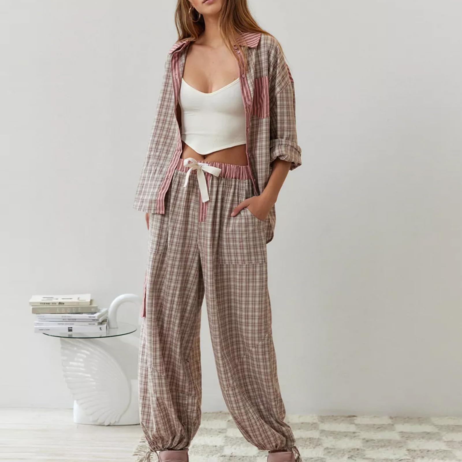 Womens Pajama Sets Spliced Pajama Top & Plaid Pajama Pants Long Sleeve Button Down Sleepwear Two-Piece Pj Set with Pockets Soft Plus Size Matching Christmas Pajamas Cotton Lounge Sets Nightwear